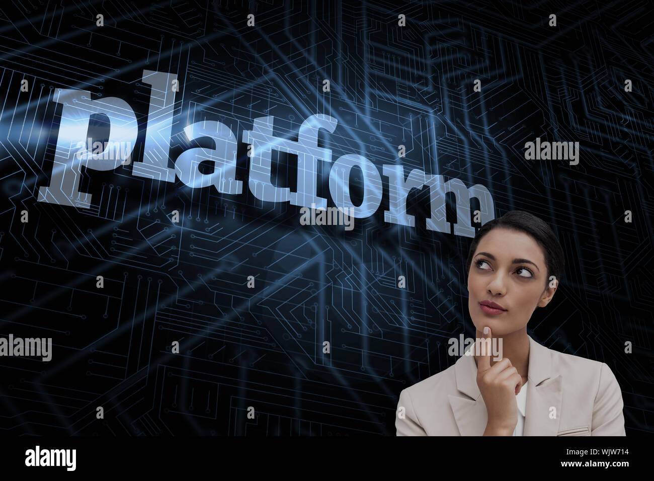 The word platform and smiling businesswoman thinking against futuristic ...