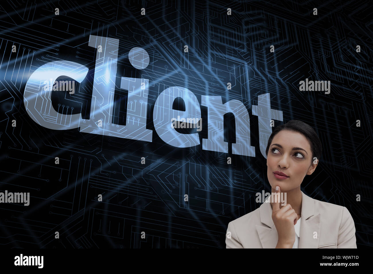 The word client and smiling businesswoman thinking against futuristic ...
