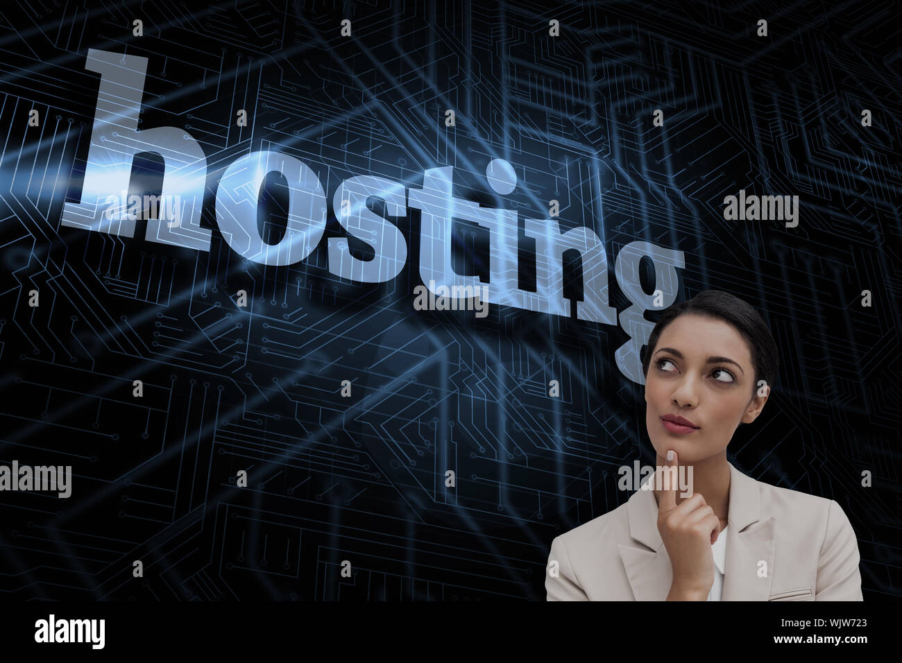 The word hosting and smiling businesswoman thinking against futuristic ...