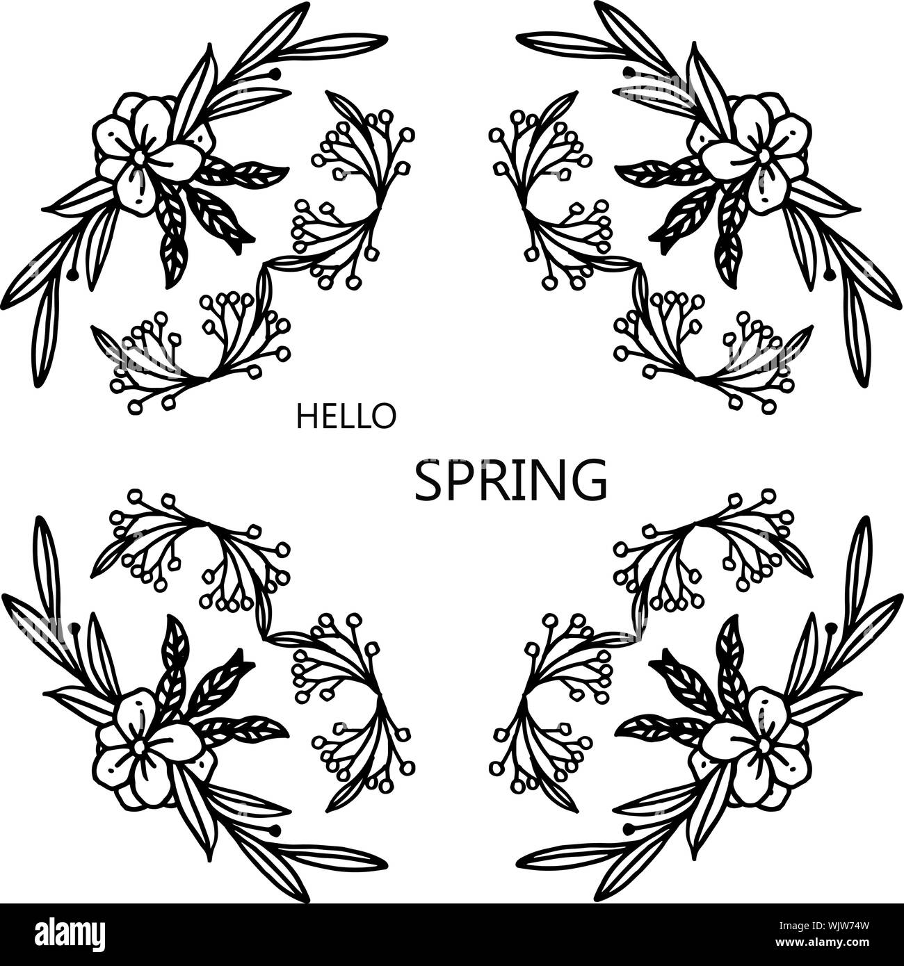Hello spring calligraphy lettering with floral frame on black and white ...