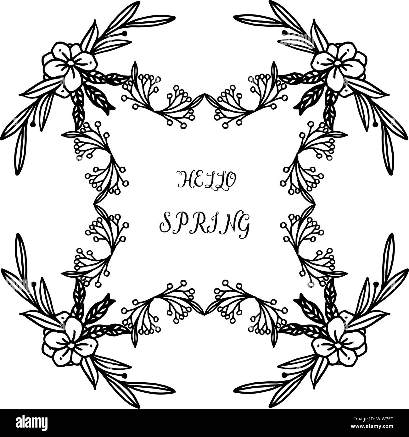 Hello spring calligraphy lettering with floral frame on black and white ...