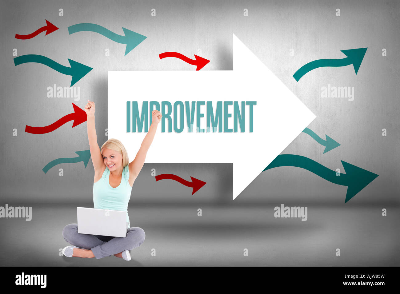 Joyful woman with a notebook against arrows in the sky in blue Stock ...