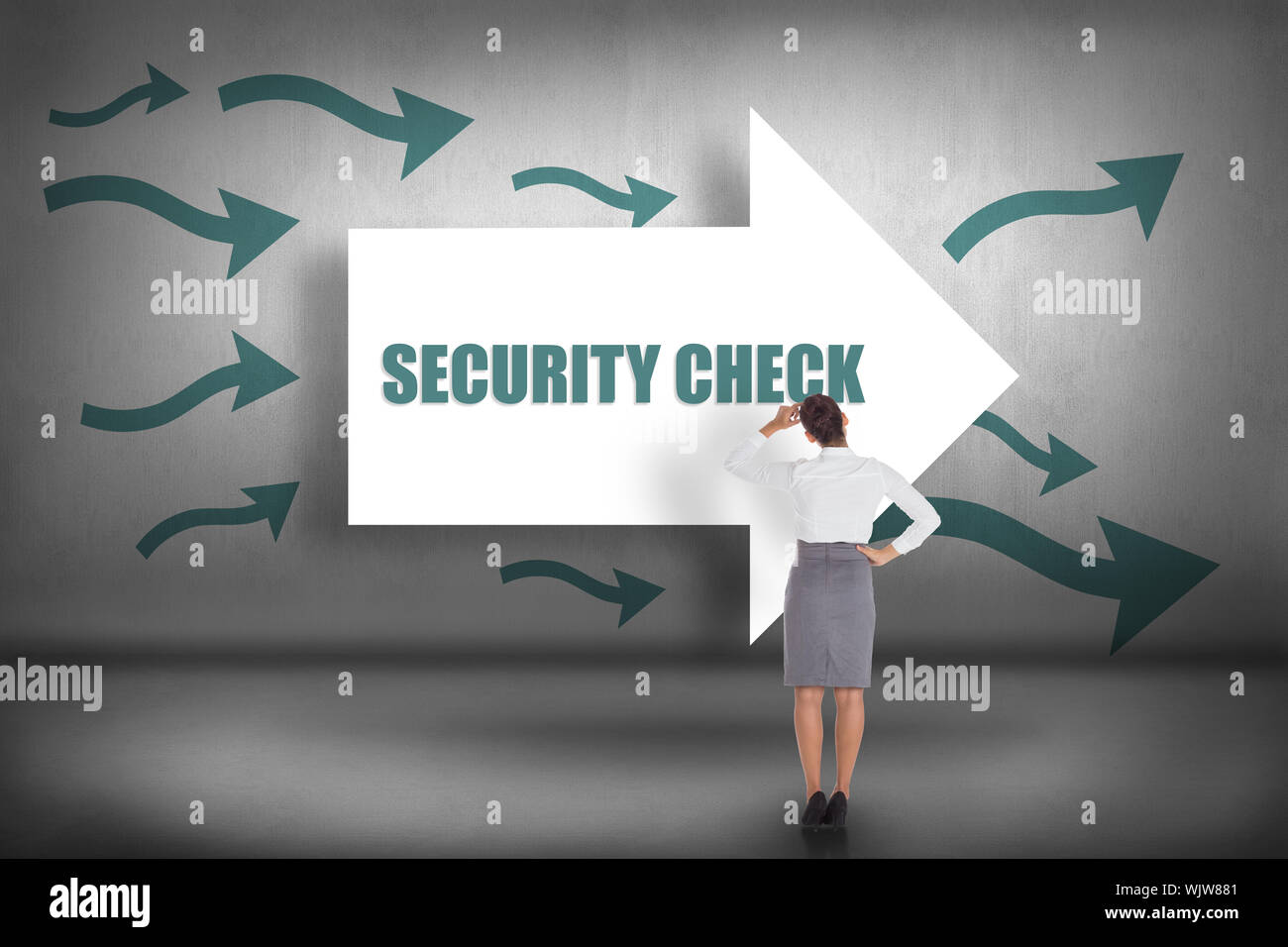The word security check and businesswoman scratching her head against ...