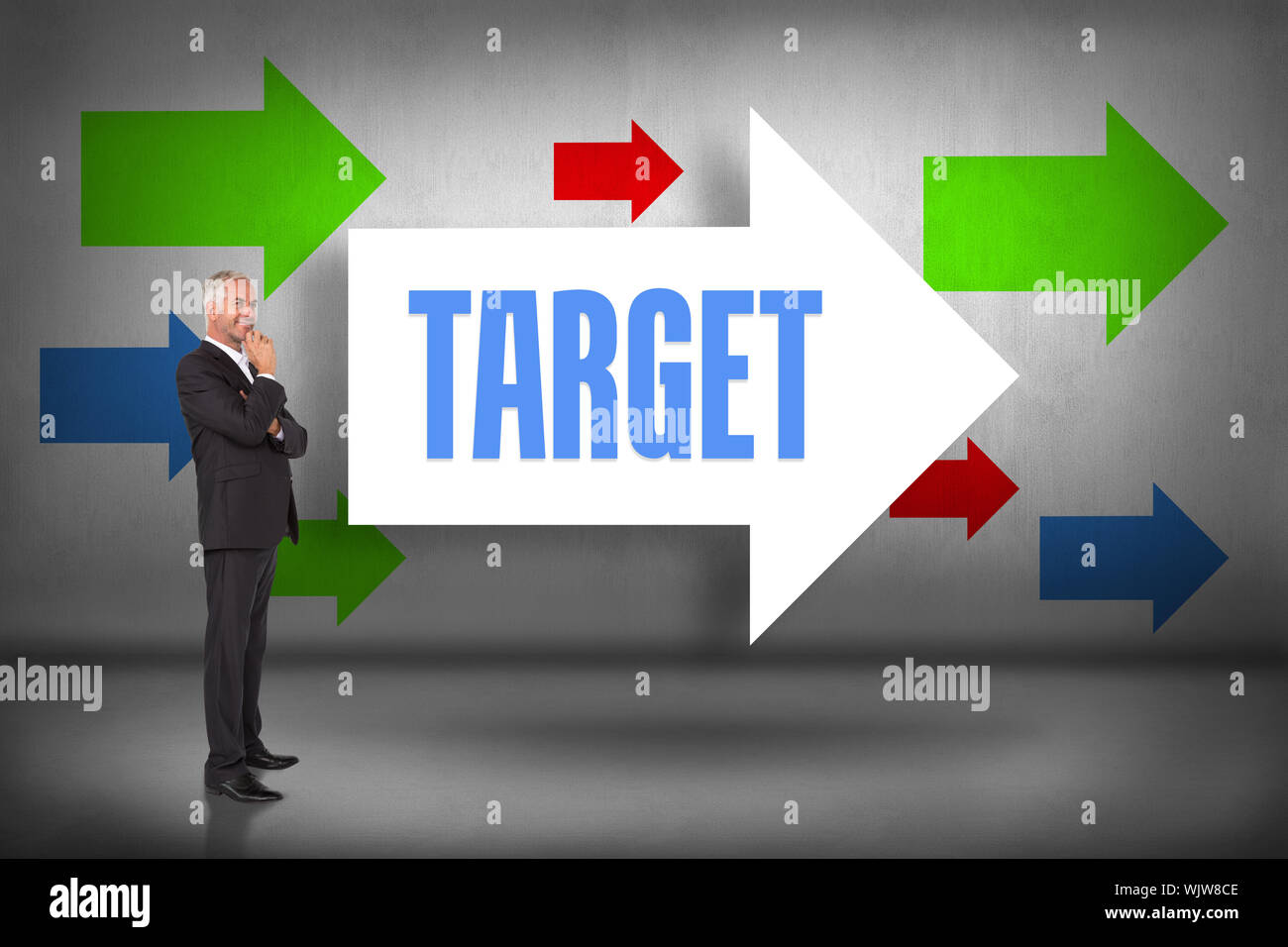 The word target and happy businessman looking away against arrows ...