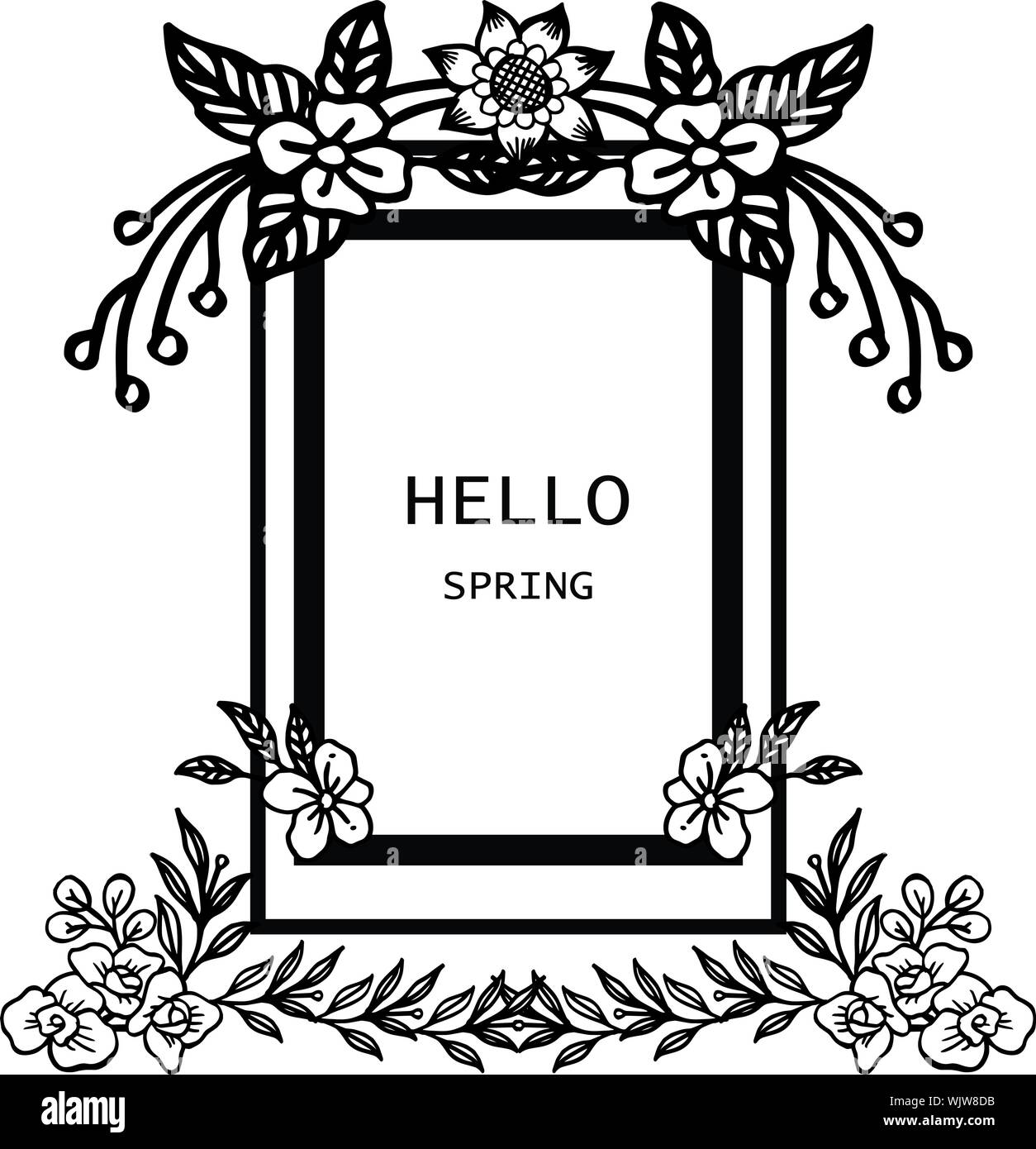 Hello spring calligraphy lettering with floral frame on black and white ...