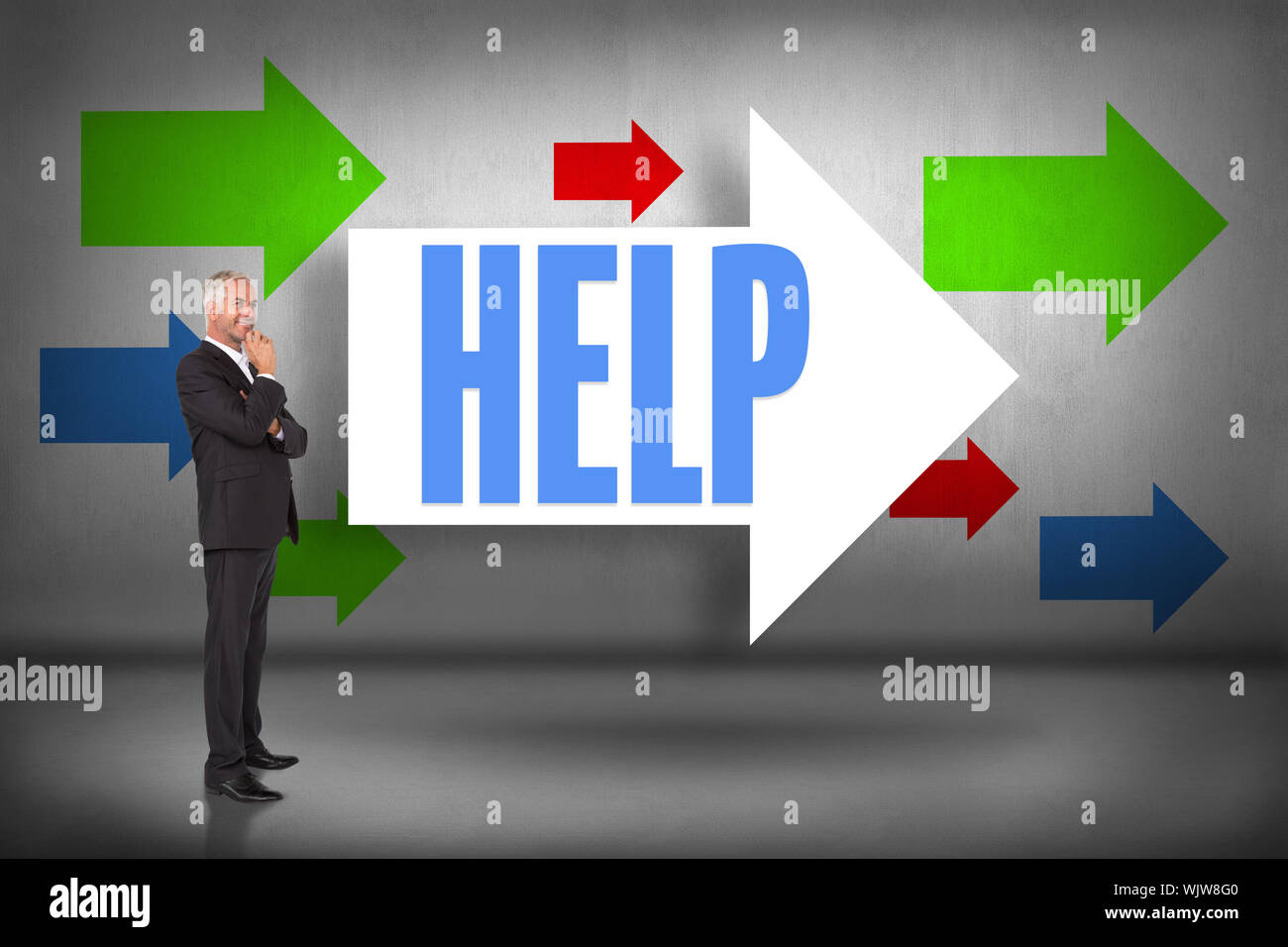 The word help and happy businessman looking away against arrows ...