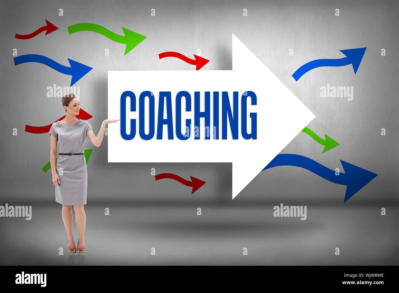 The word coaching and woman in a dress holding her hand up against ...