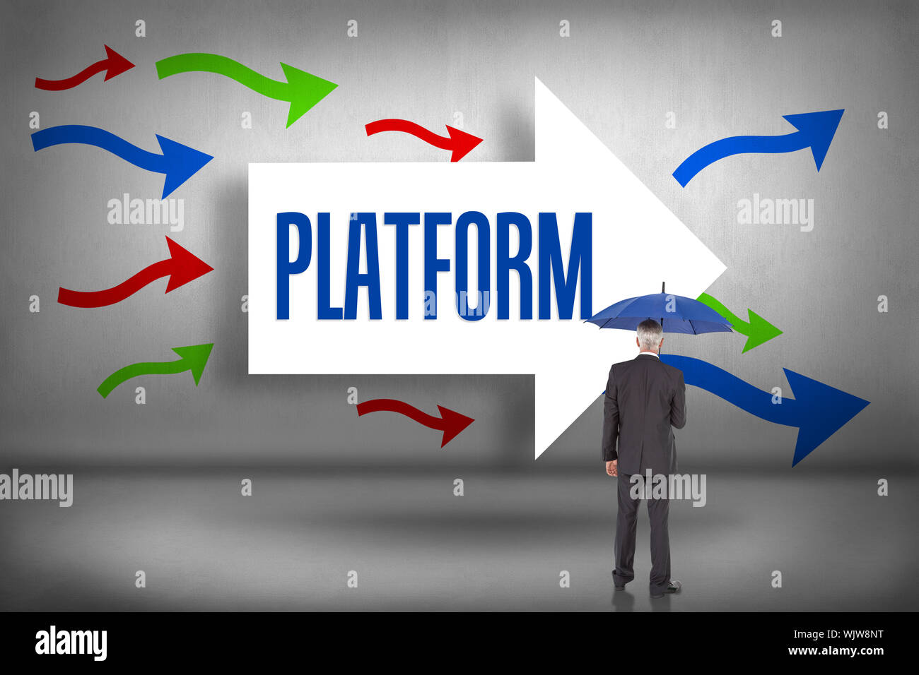 The word platform and businessman holding umbrella against arrows ...