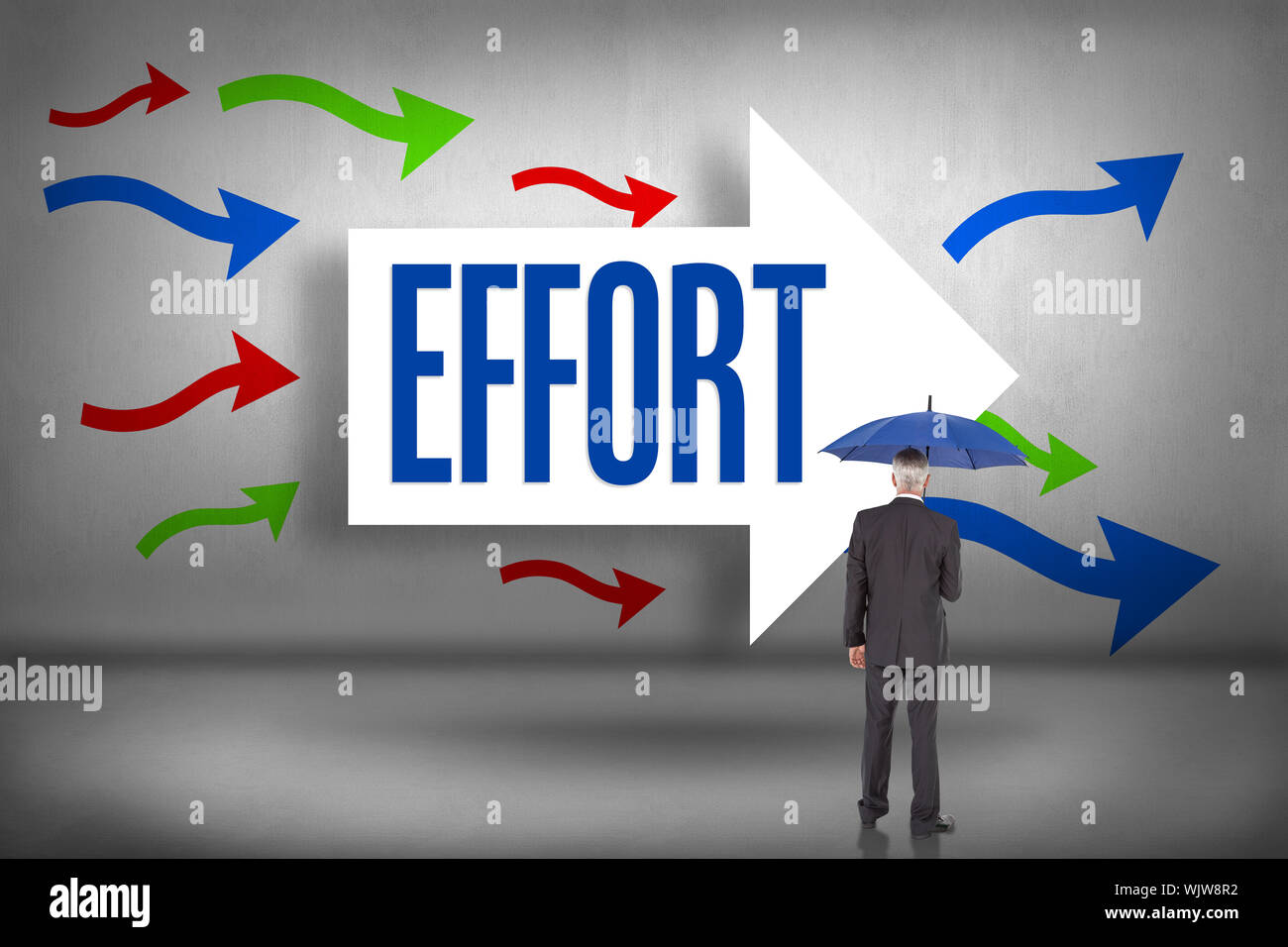 The word effort and businessman holding umbrella against arrows ...