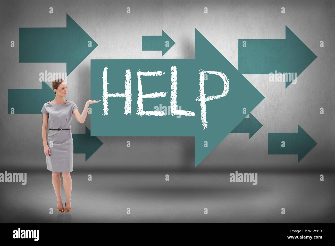 The word help and woman in a dress holding her hand up against blue ...