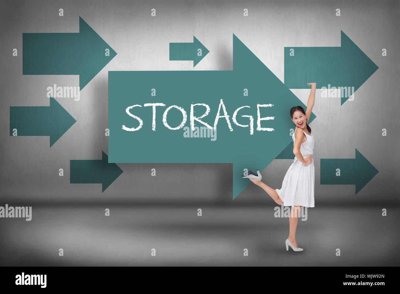 The word storage and happy and classy brunette posing against blue ...