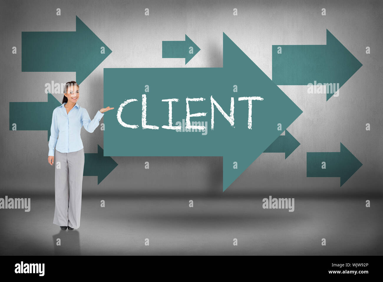 The word client and businesswoman presenting against blue arrows ...
