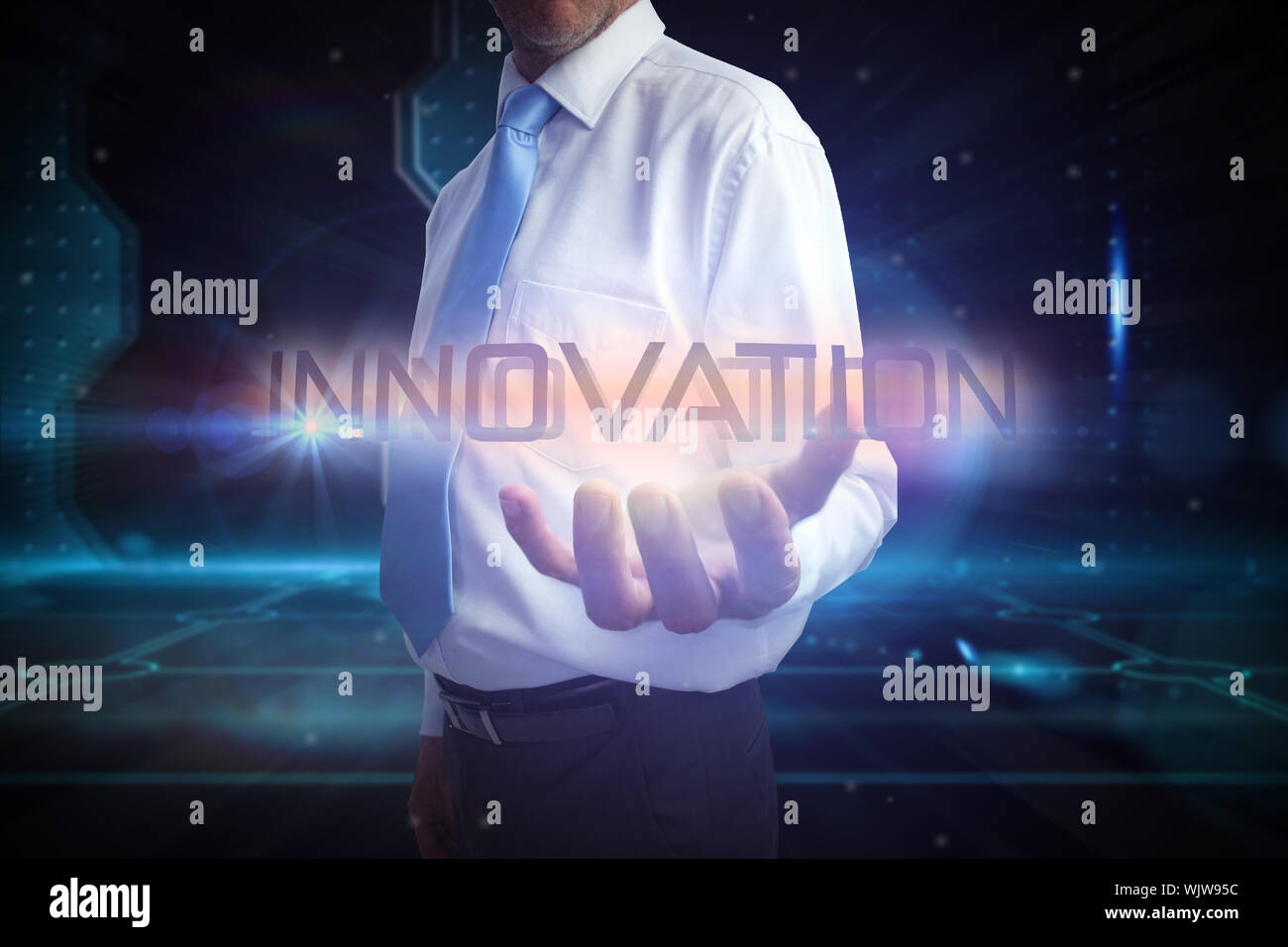 Businessman presenting the word innovation against doorway on ...