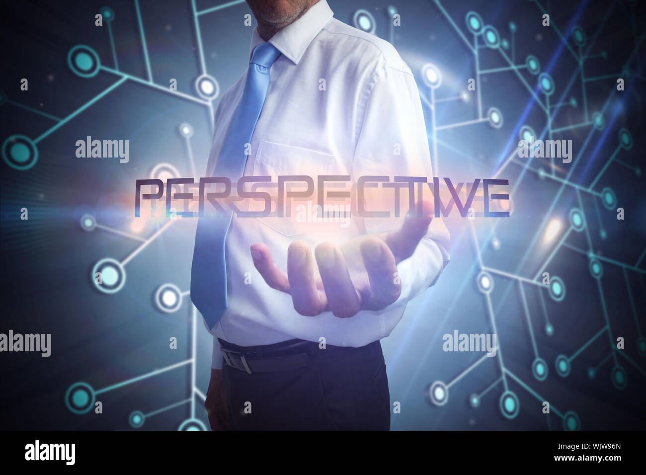 Businessman presenting the word perspective against black background ...