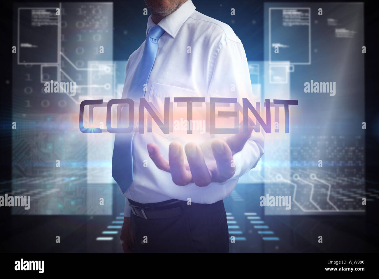 Hand presenting against hologram on black background with hexagon pattern Stock Photo - Alamy