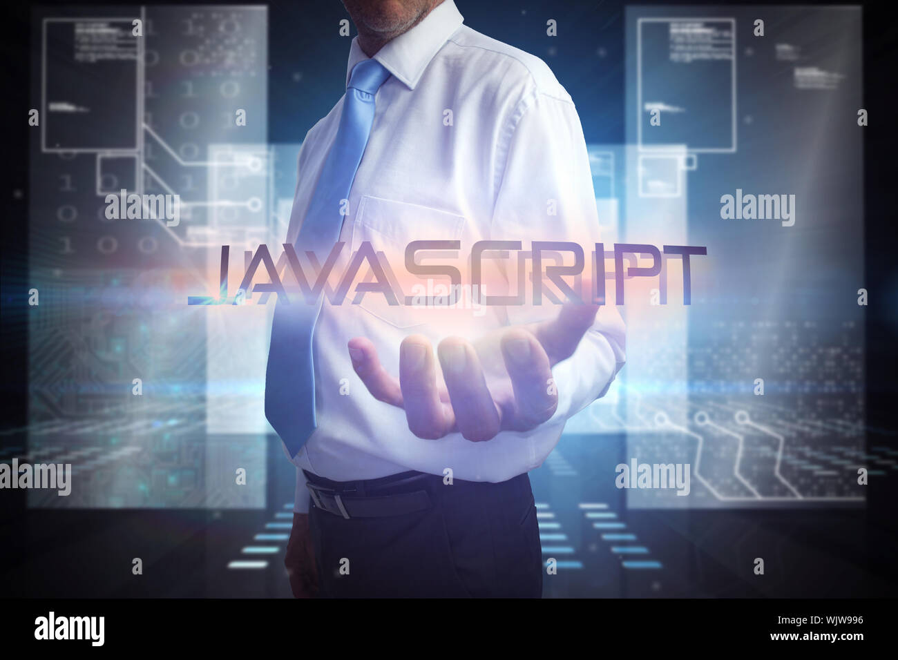 Businessman presenting the word javascript against hologram on black ...