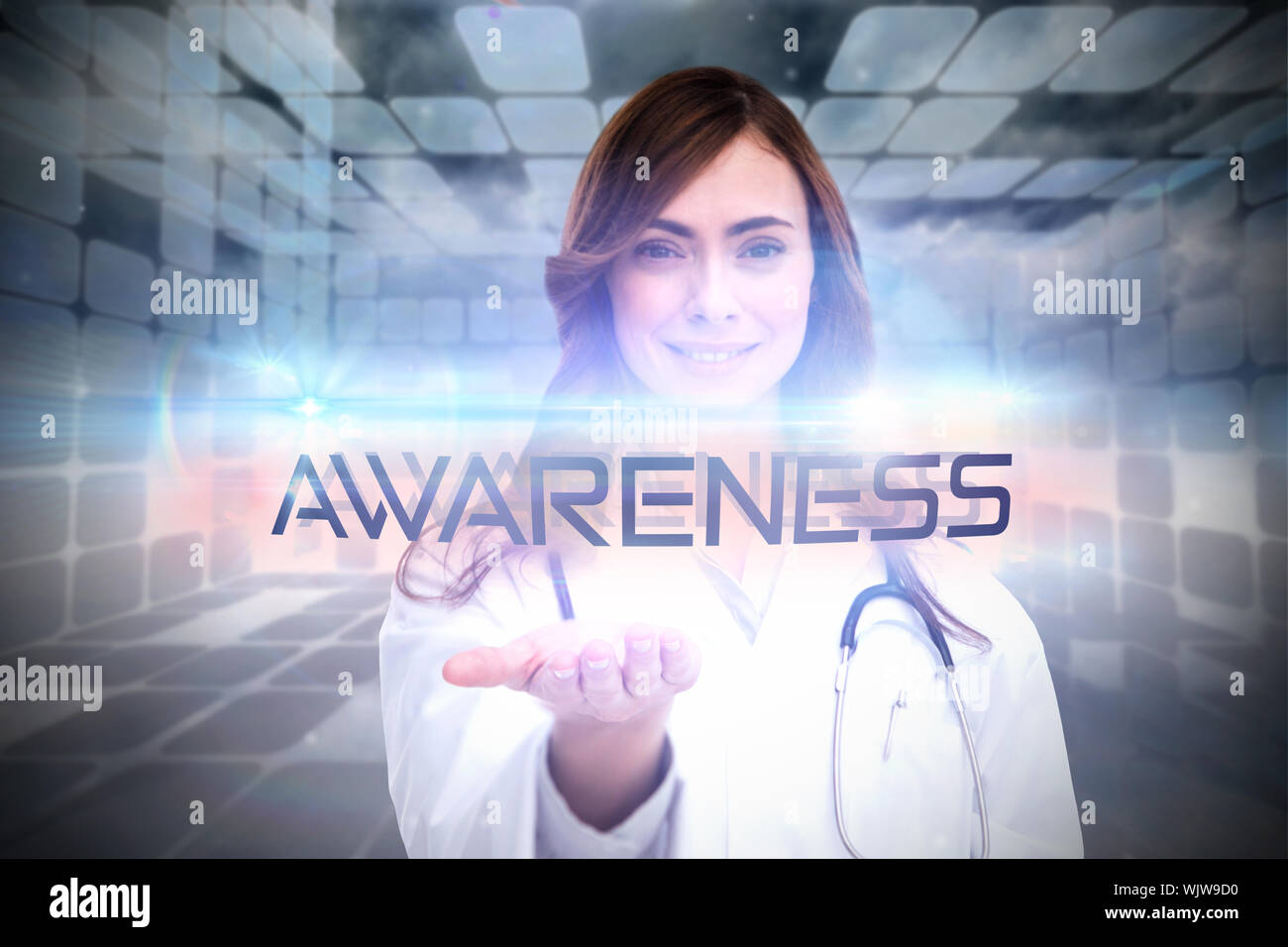 The word awareness and portrait of female nurse holding out open palm ...