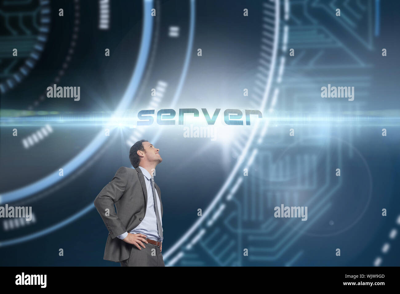 The word server and smiling businessman with hands on hips against ...