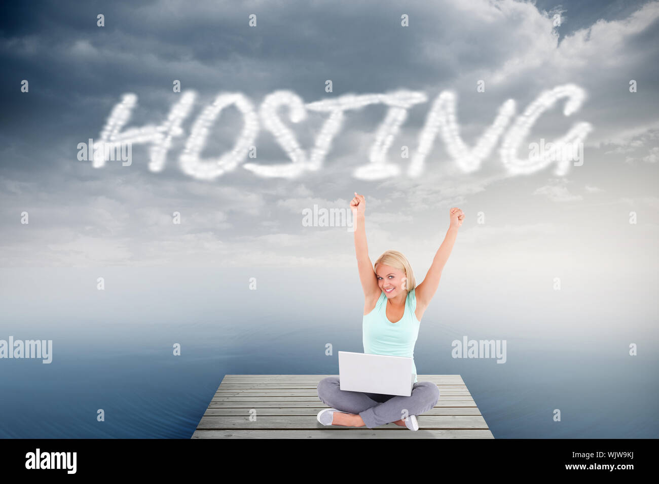 The word hosting and joyful woman with a notebook against cloudy sky ...