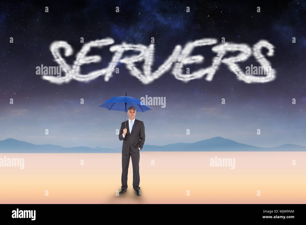The word servers and businessman smiling at camera and holding blue ...