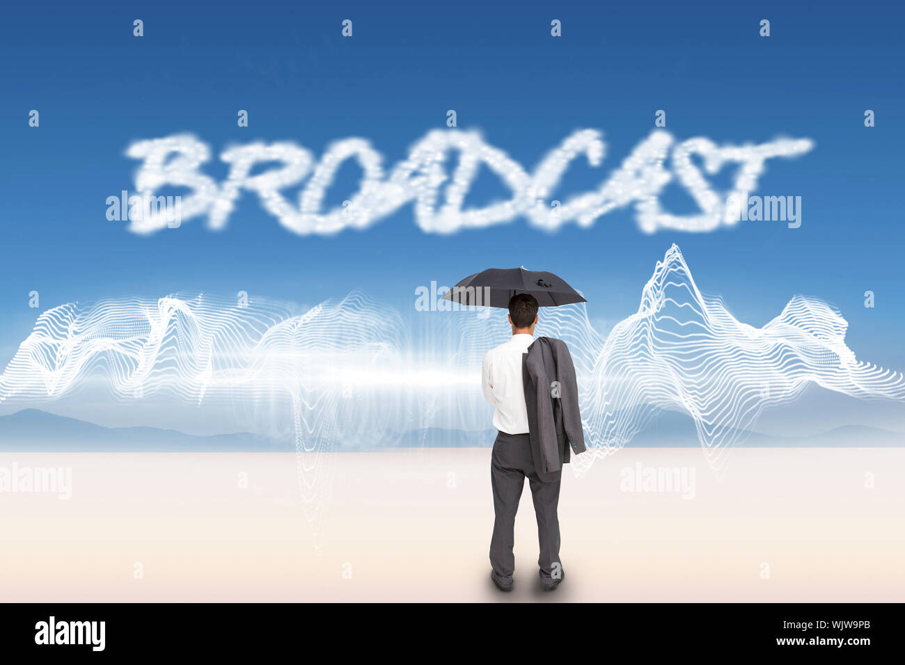 The word broadcast and businessman standing back to camera holding ...