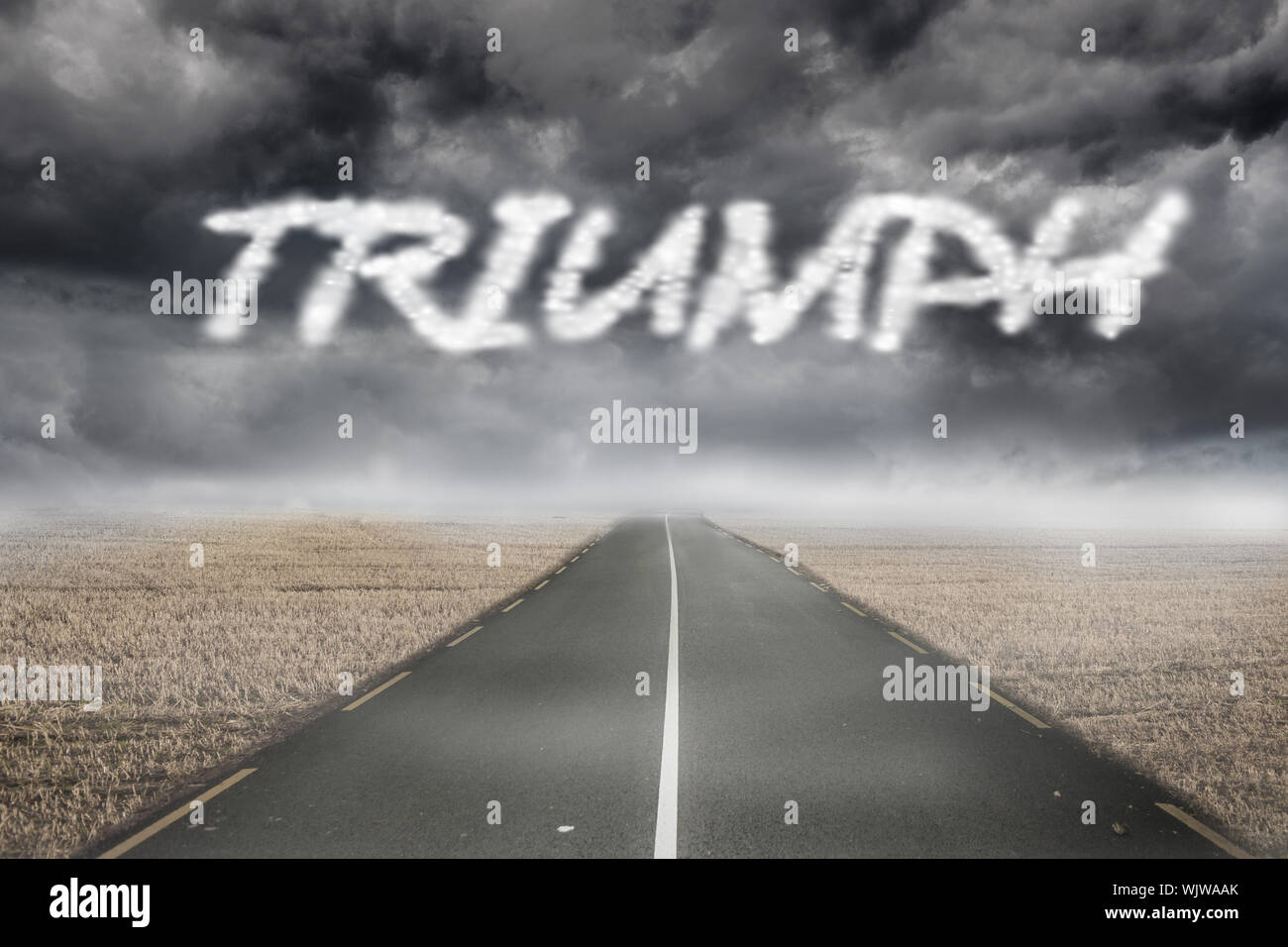 The word triumph against misty brown landscape with street Stock Photo ...