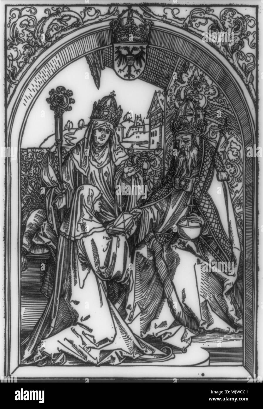 Hroswitha (10th Century nun, poet, and chronicler) presenting her works ...