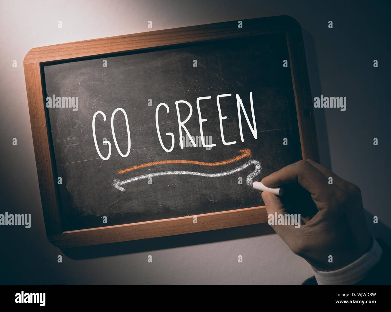 Hand writing the word go green on black chalkboard Stock Photo - Alamy