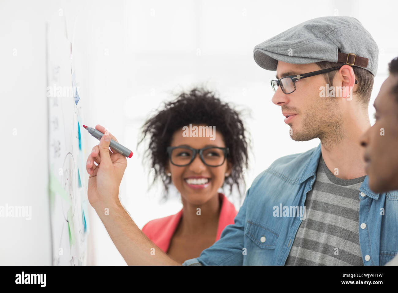 Group of artists in discussion in front of whiteboard at office Stock ...