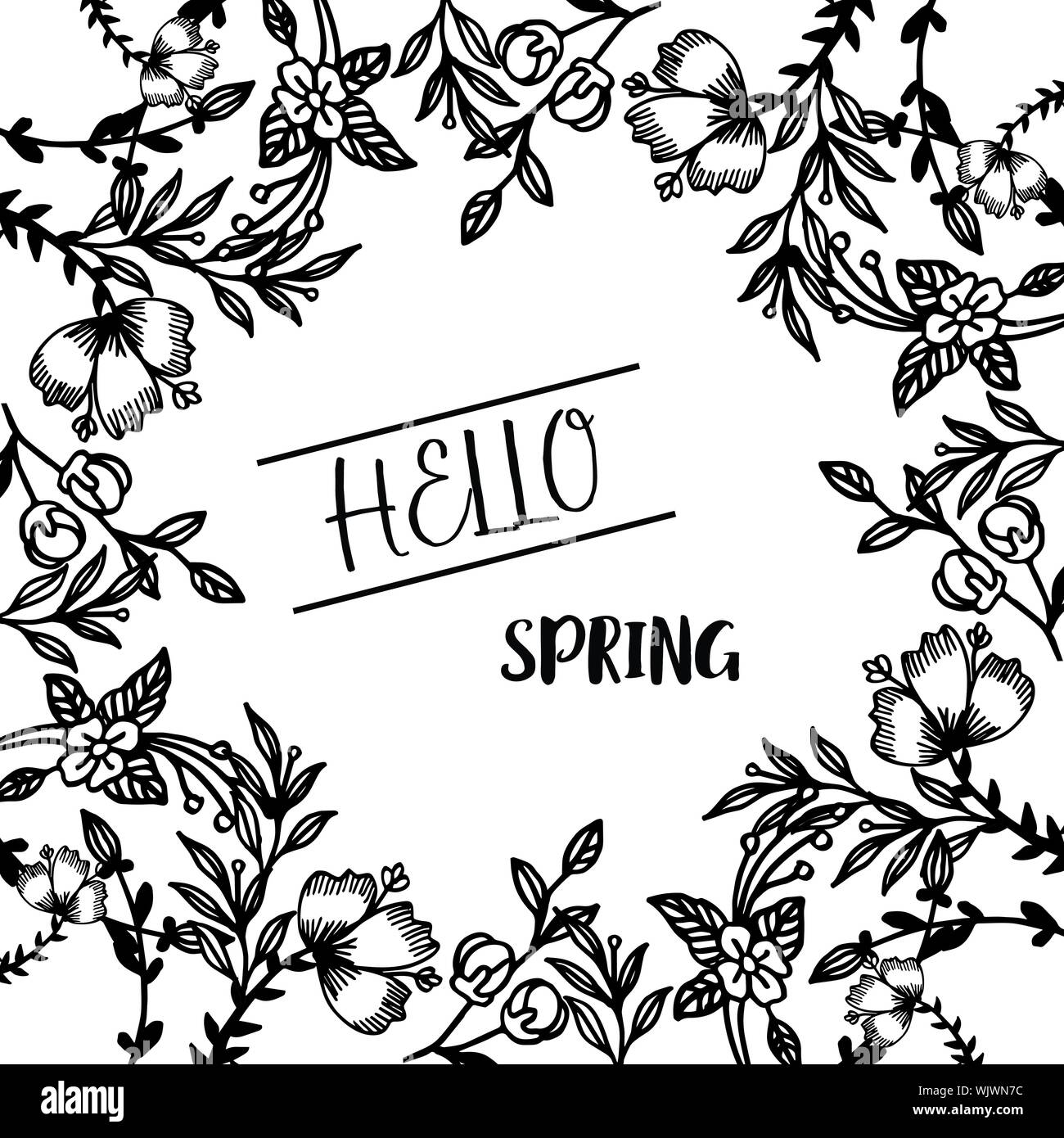 Decor lettering poster hello spring with leaf floral frame background ...