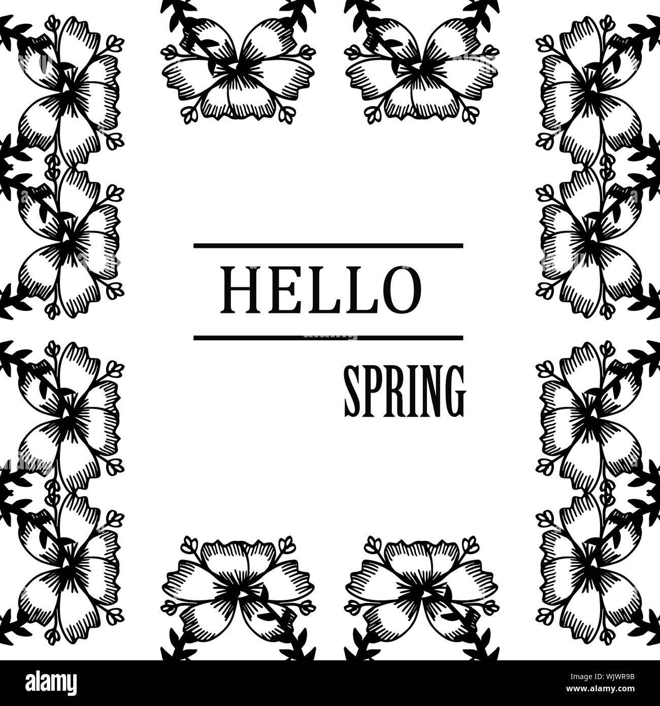 Design letter hello spring, with cute abstract leaf flower frame ...