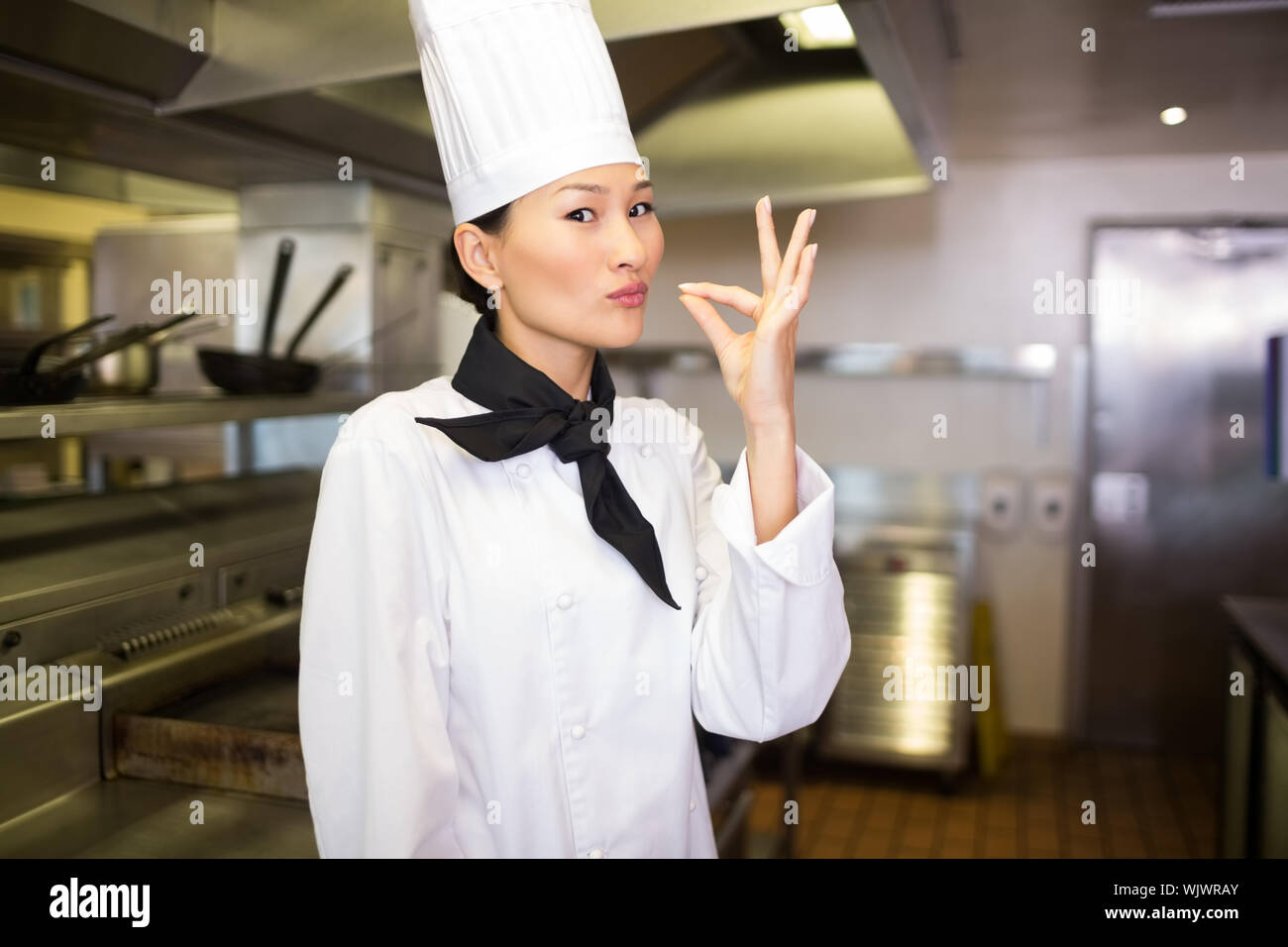 Portrait of a smiling female cook standing in the kitchen Stock Photo ...