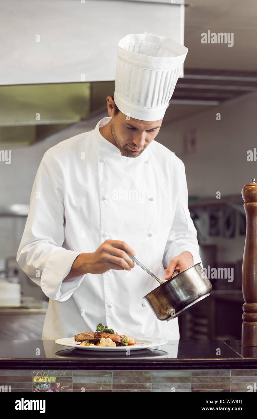 Portrait of a concentrated male chef garnishing food in the kitchen ...
