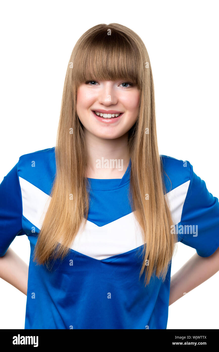 Girl in blue football shirt isolated on white background Stock Photo ...