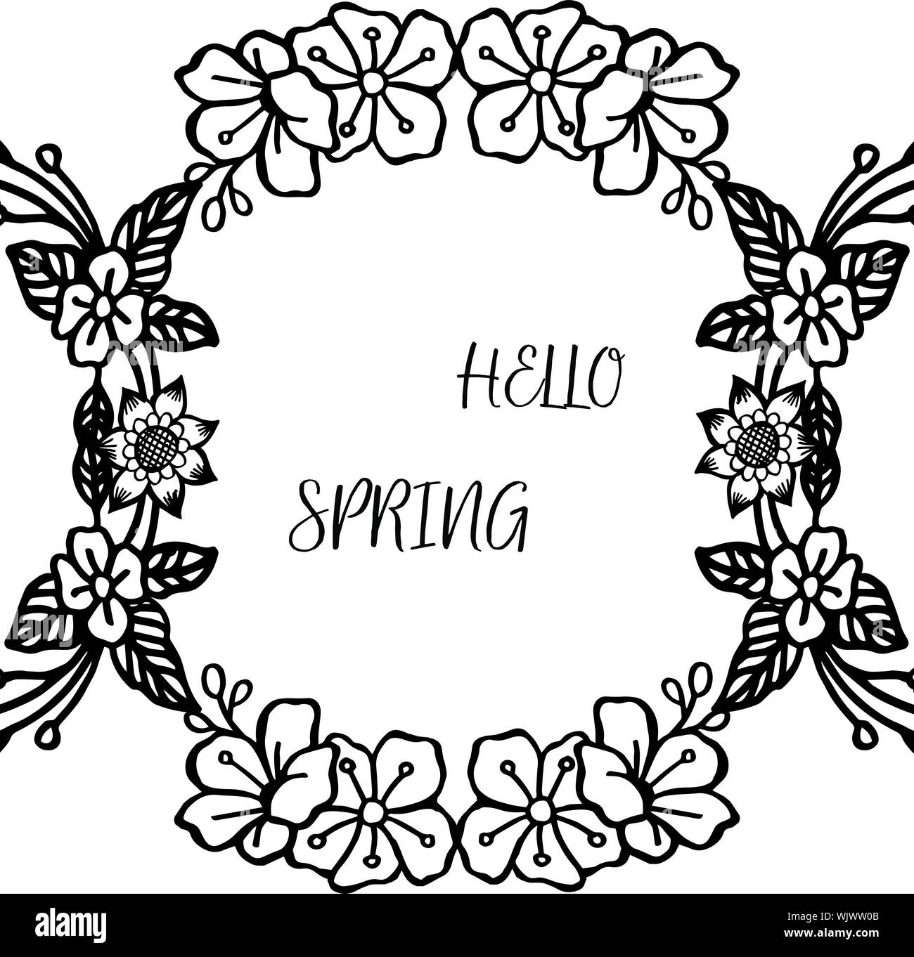 Design for poster hello spring, with leaf floral frame, black and white ...