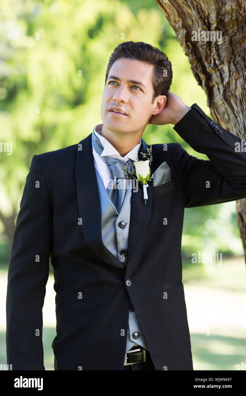 Nervous young groom looking away at garden Stock Photo - Alamy