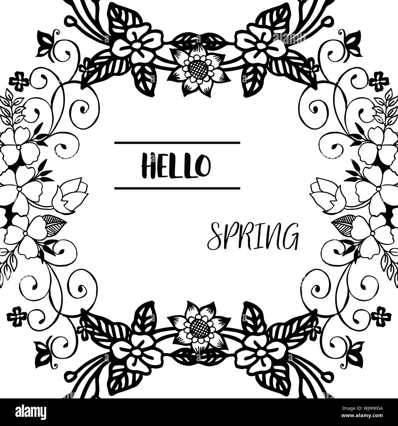 Design for poster hello spring, with leaf floral frame, black and white ...