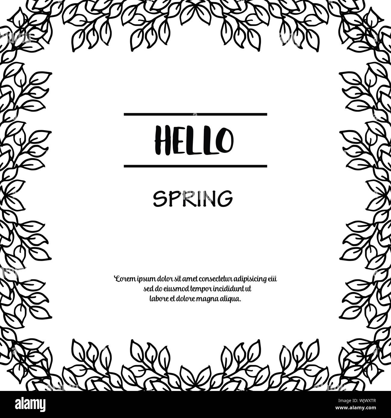 Handwritten text hello spring, with art of unique leaf flower frame ...