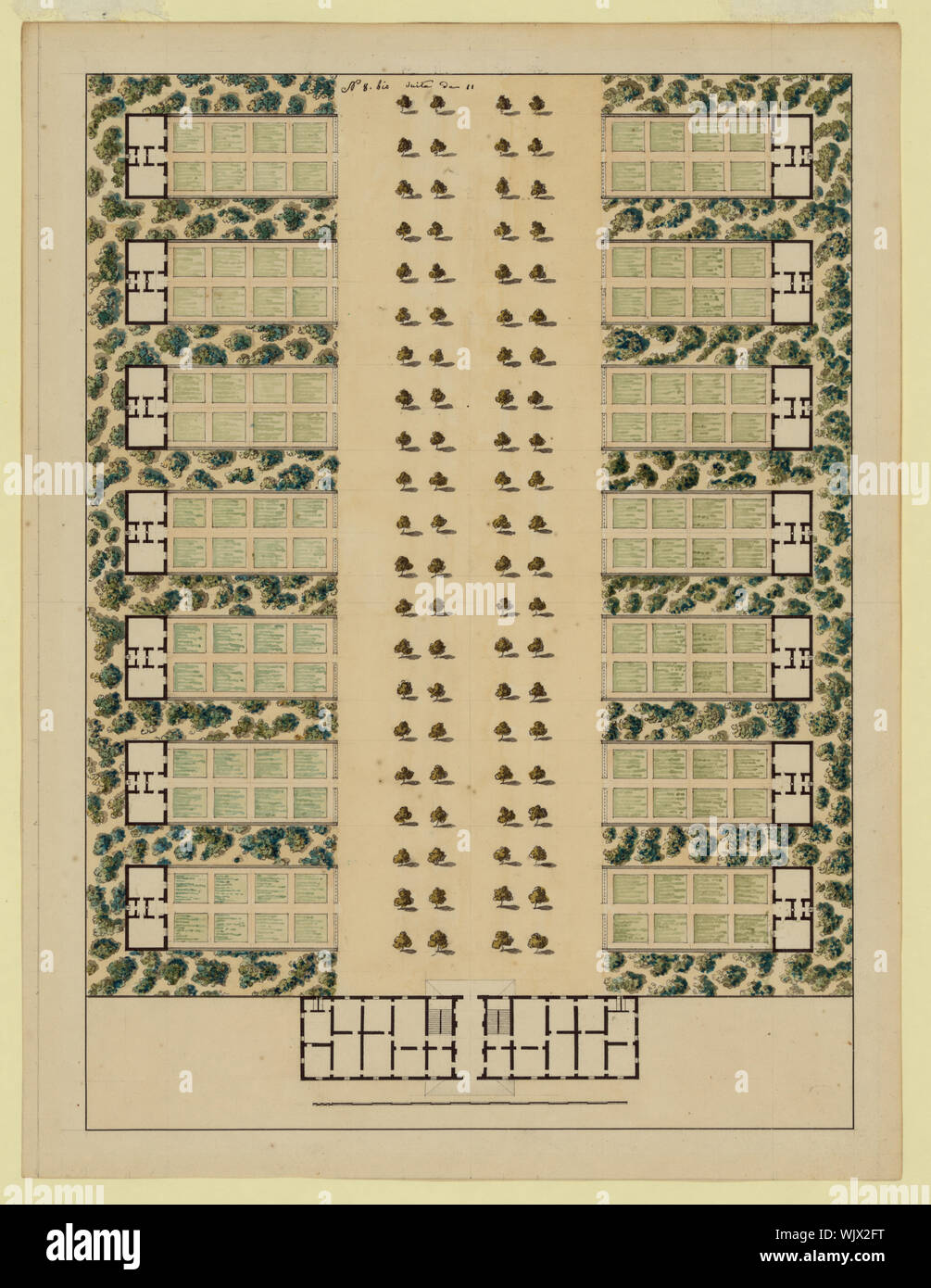Hunting lodge with pavilions. Site plan Stock Photo - Alamy