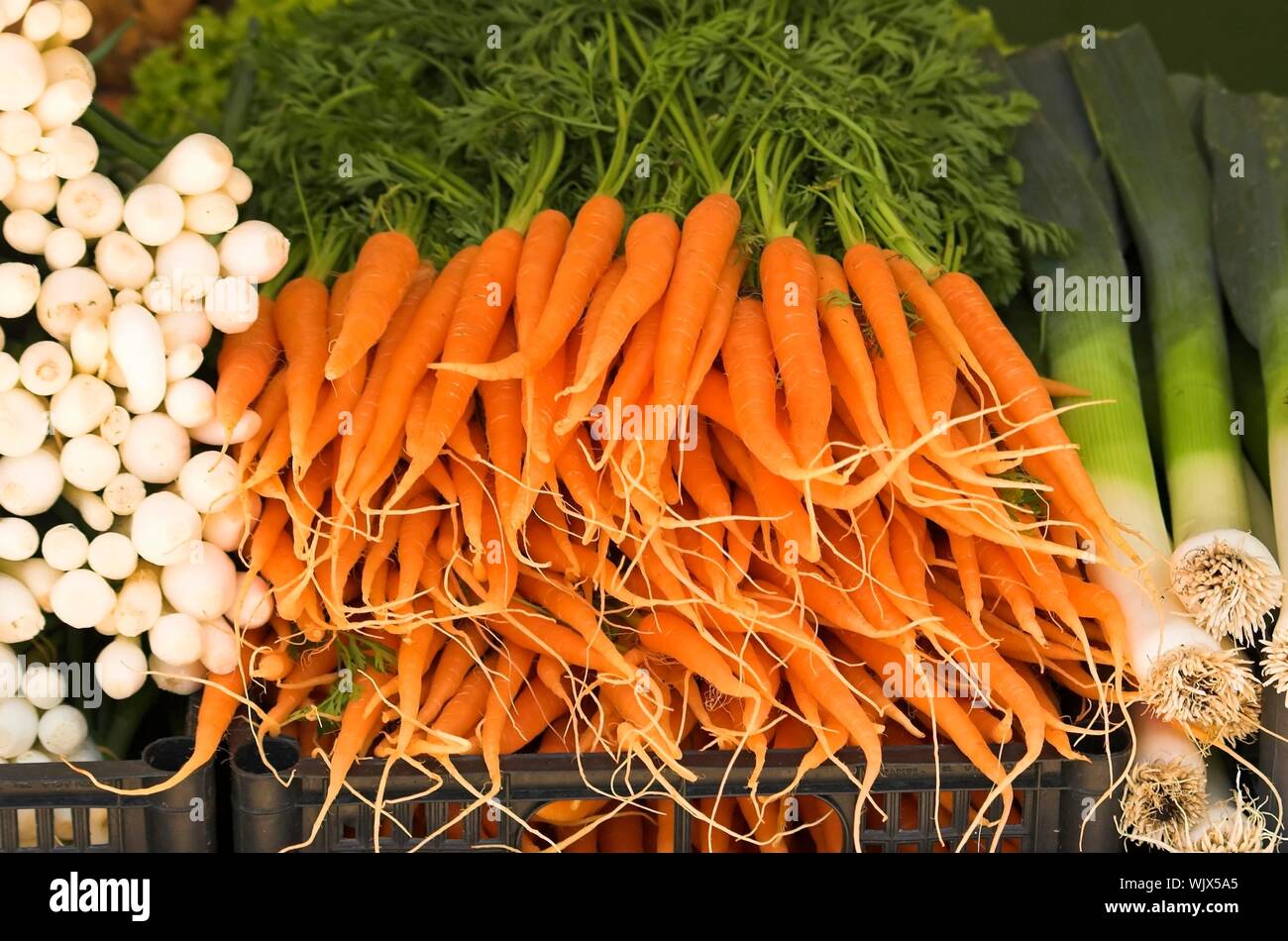 Carrots for sale on top of a traditional market stall Stock Photo - Alamy