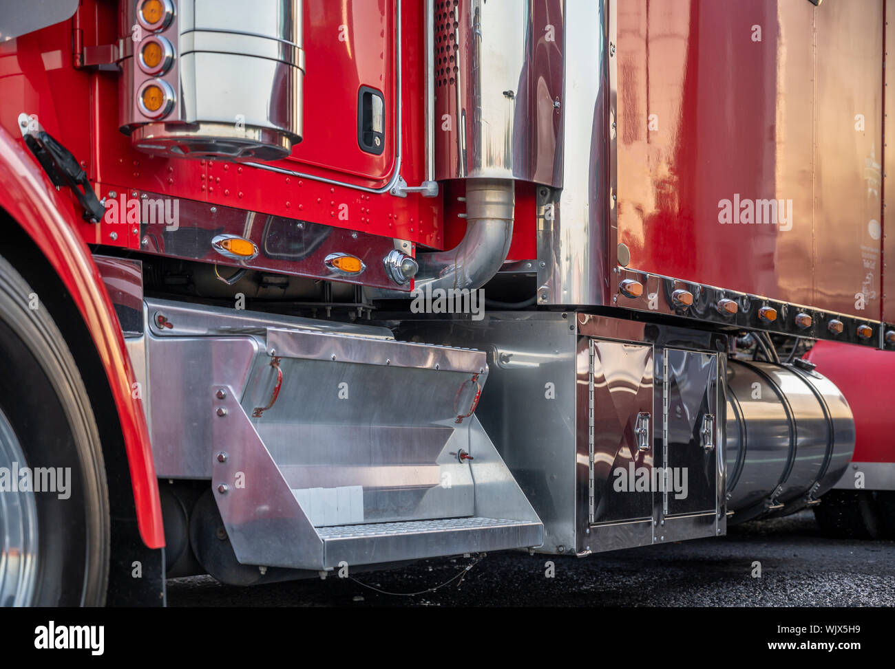 Big rig red heavy-duty powerful red semi truck with lot of chrome ...