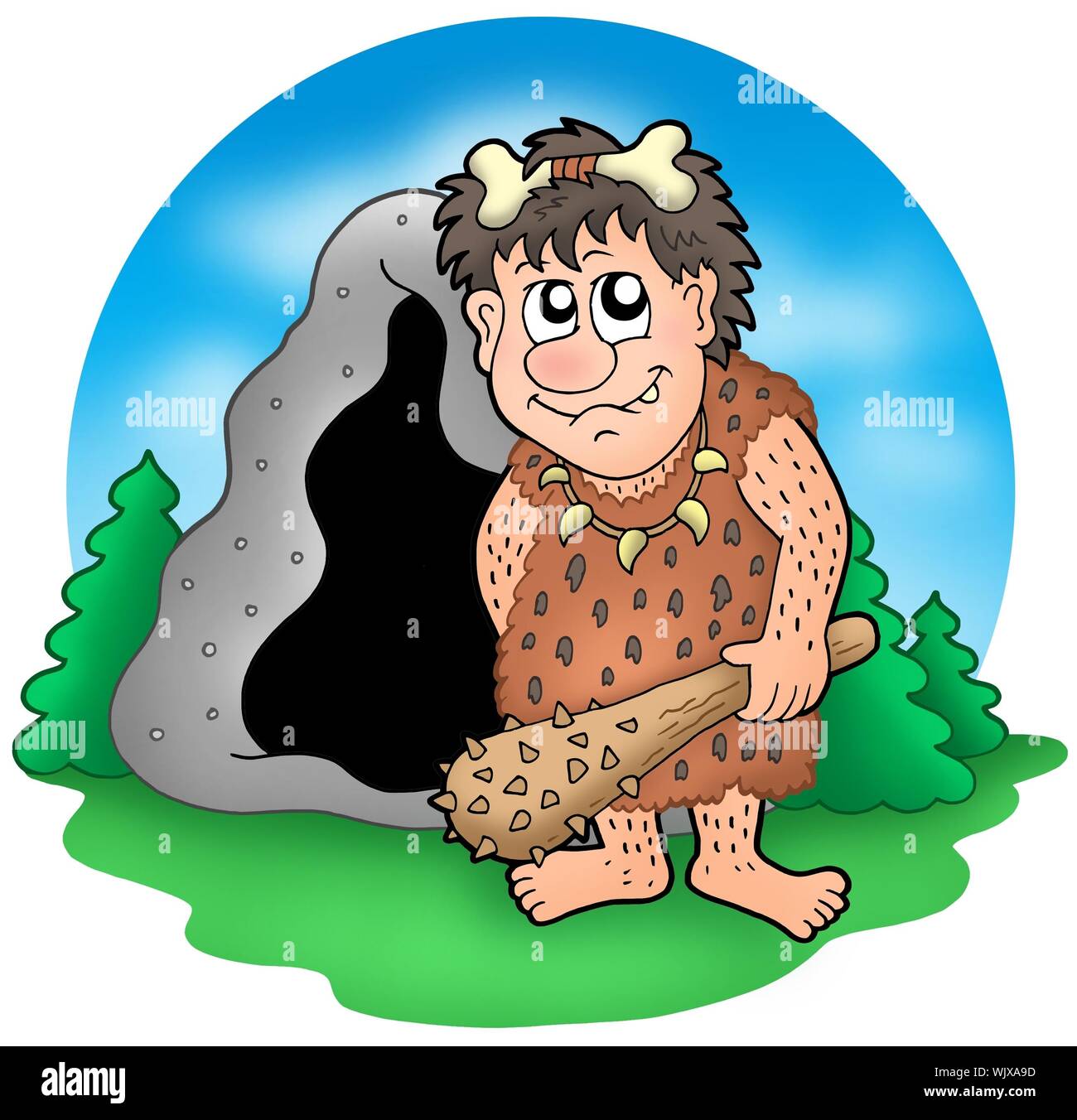Cartoon prehistoric man before cave - color illustration Stock Photo ...