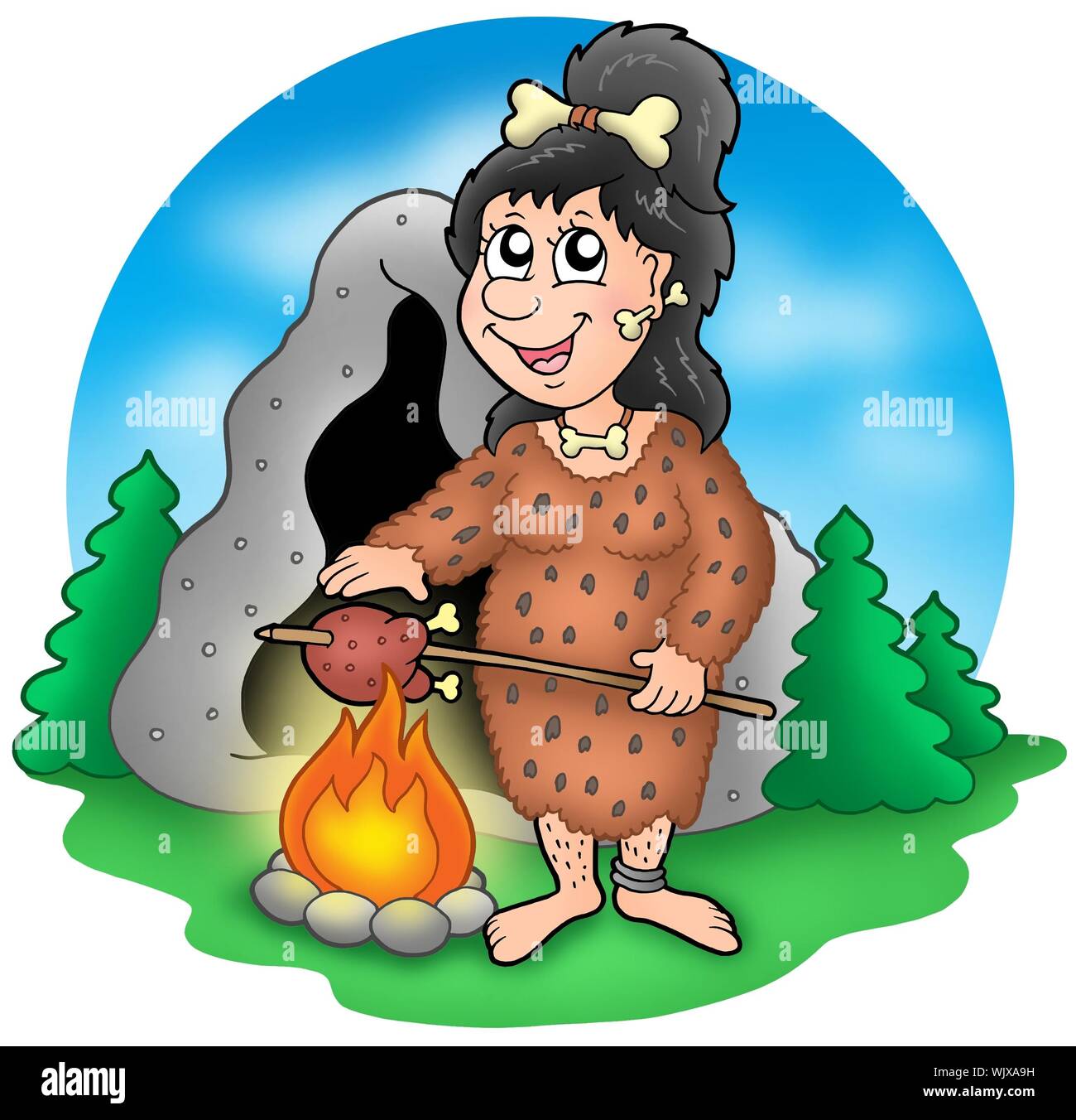 Cartoon prehistoric woman before cave - color illustration Stock Photo ...