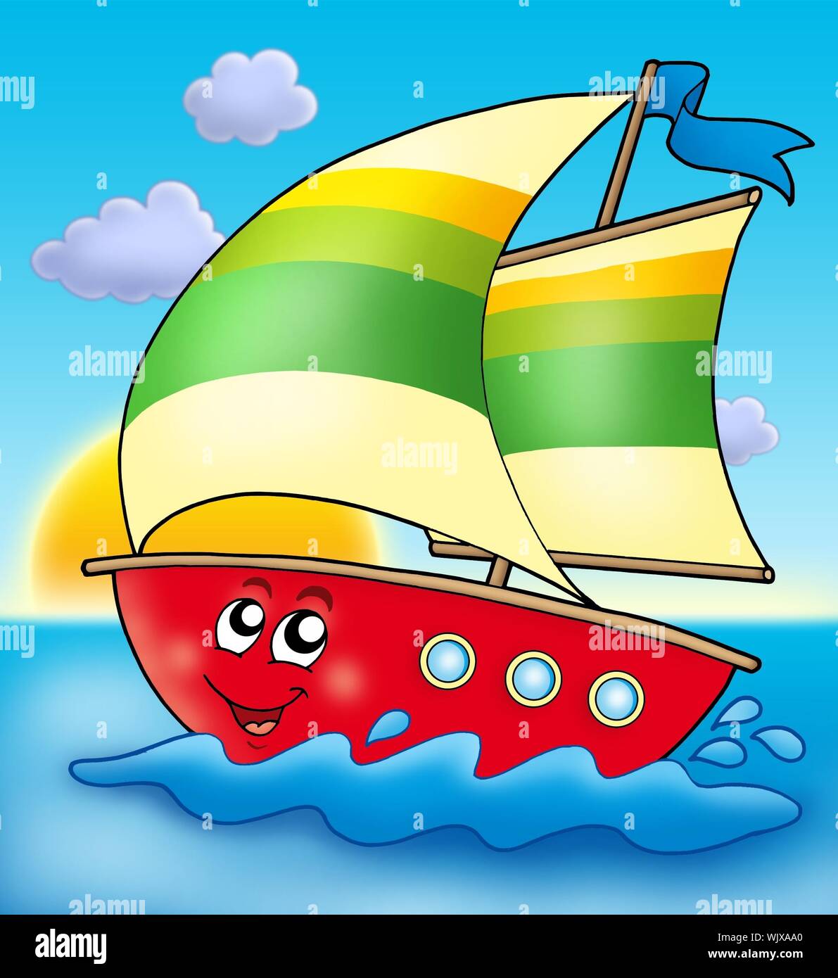 Cartoon sailing boat with sunset - color illustration Stock Photo - Alamy