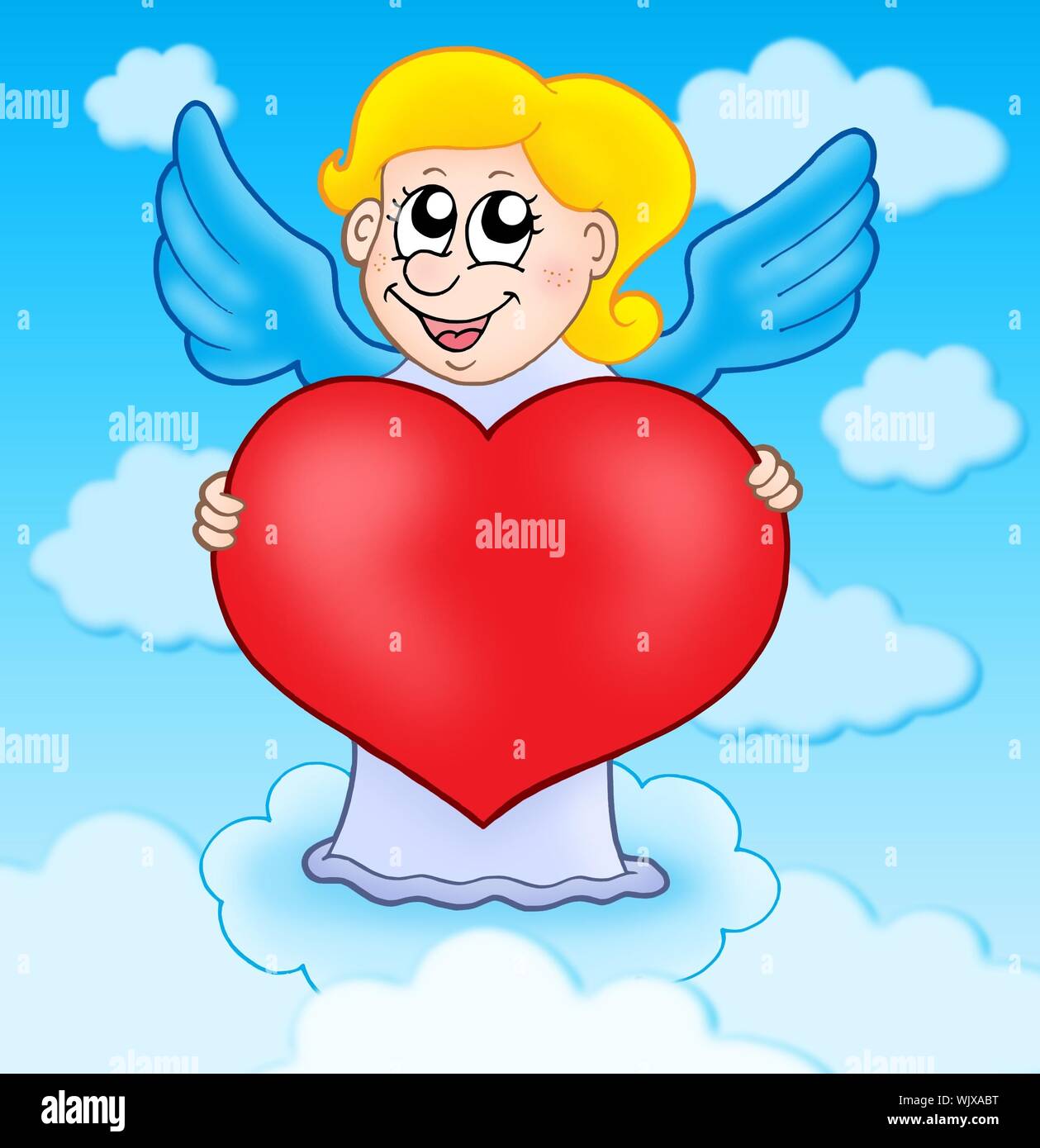 Cupid holding heart on sky - color illustration Stock Photo - Alamy