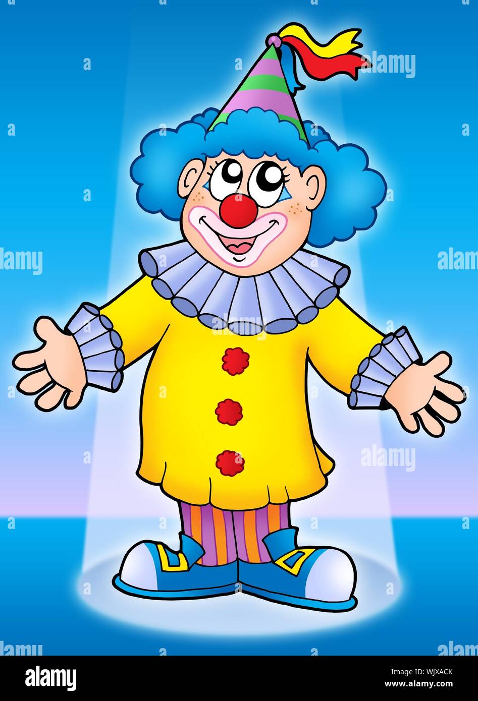 Cute clown on blue background - color illustration Stock Photo - Alamy