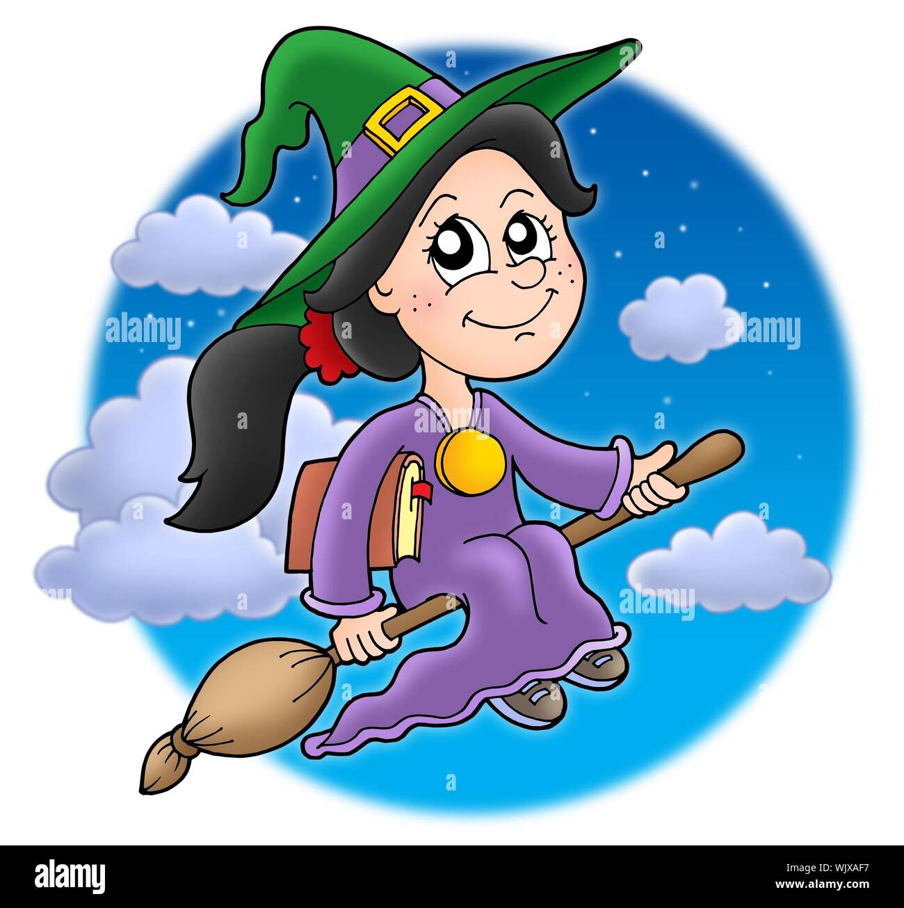 Cute witch on broom - color illustration Stock Photo - Alamy