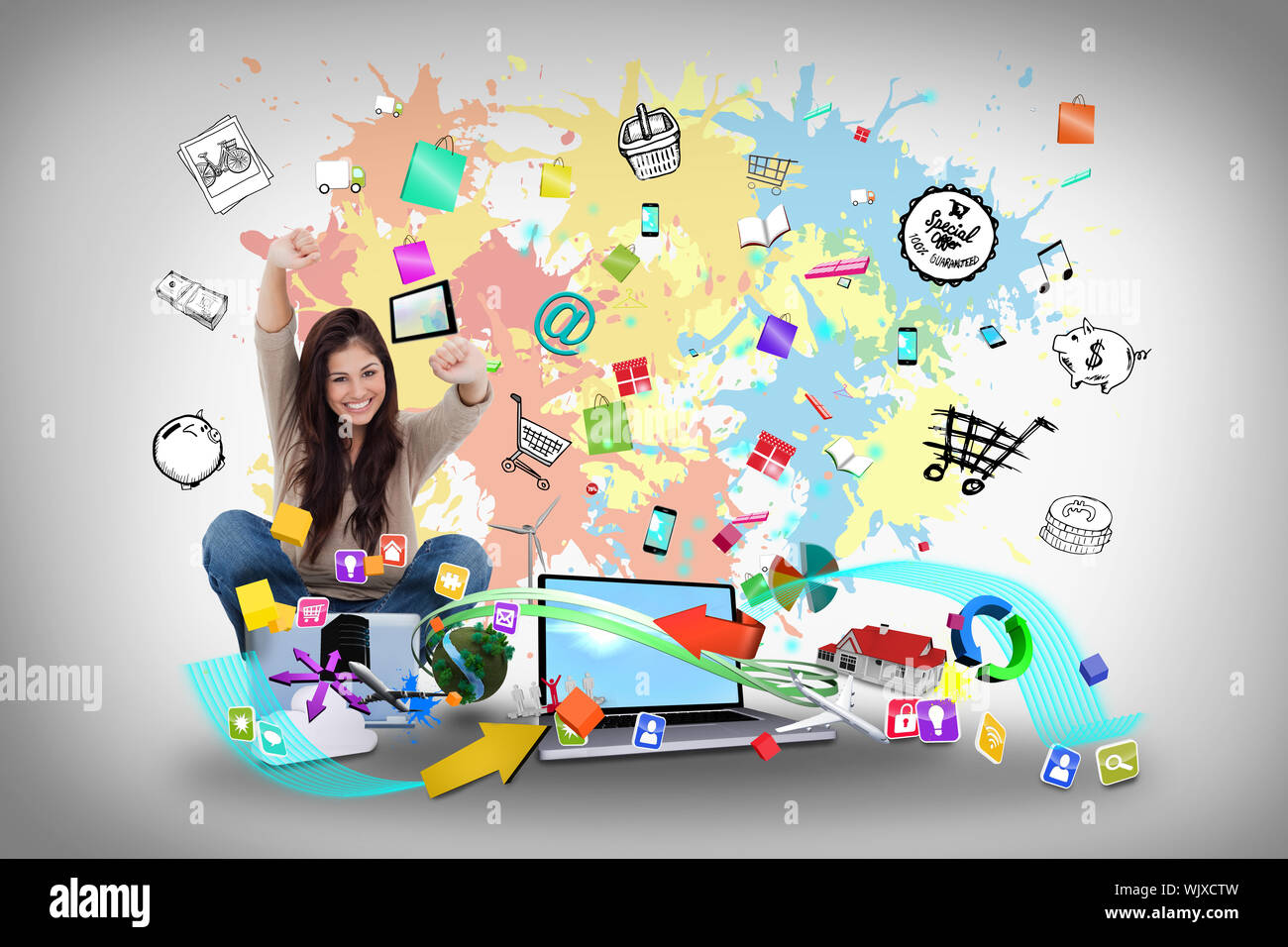 Digital composite of cheering girl using laptop with app icons Stock ...