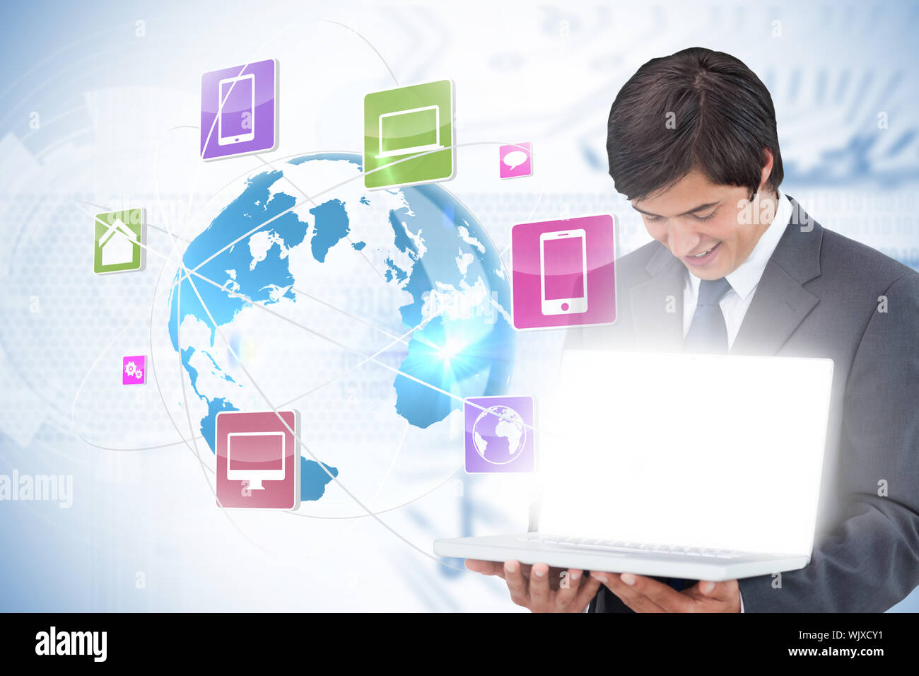 Digital composite of businessman showing laptop with app icons Stock ...