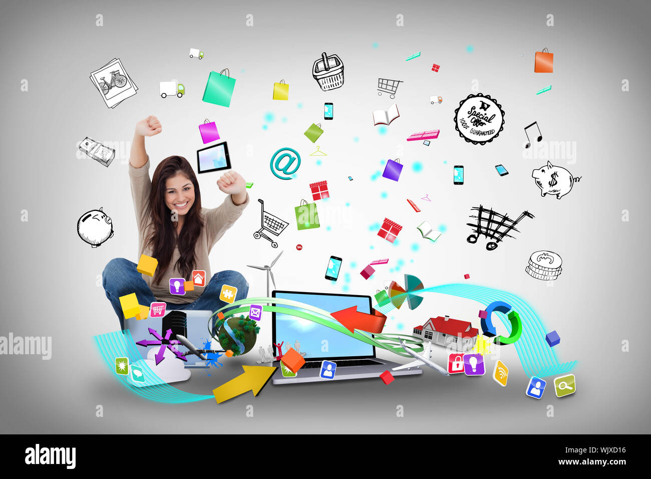 Digital composite of cheering girl using laptop with app icons Stock ...